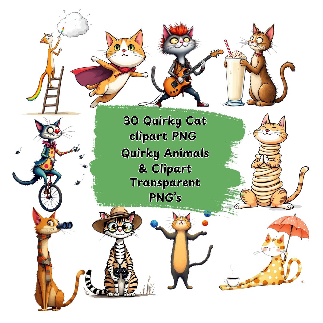 Quirky Cat Clipart PNG, Whimsical Kitten Graphics, Cute Animals ...