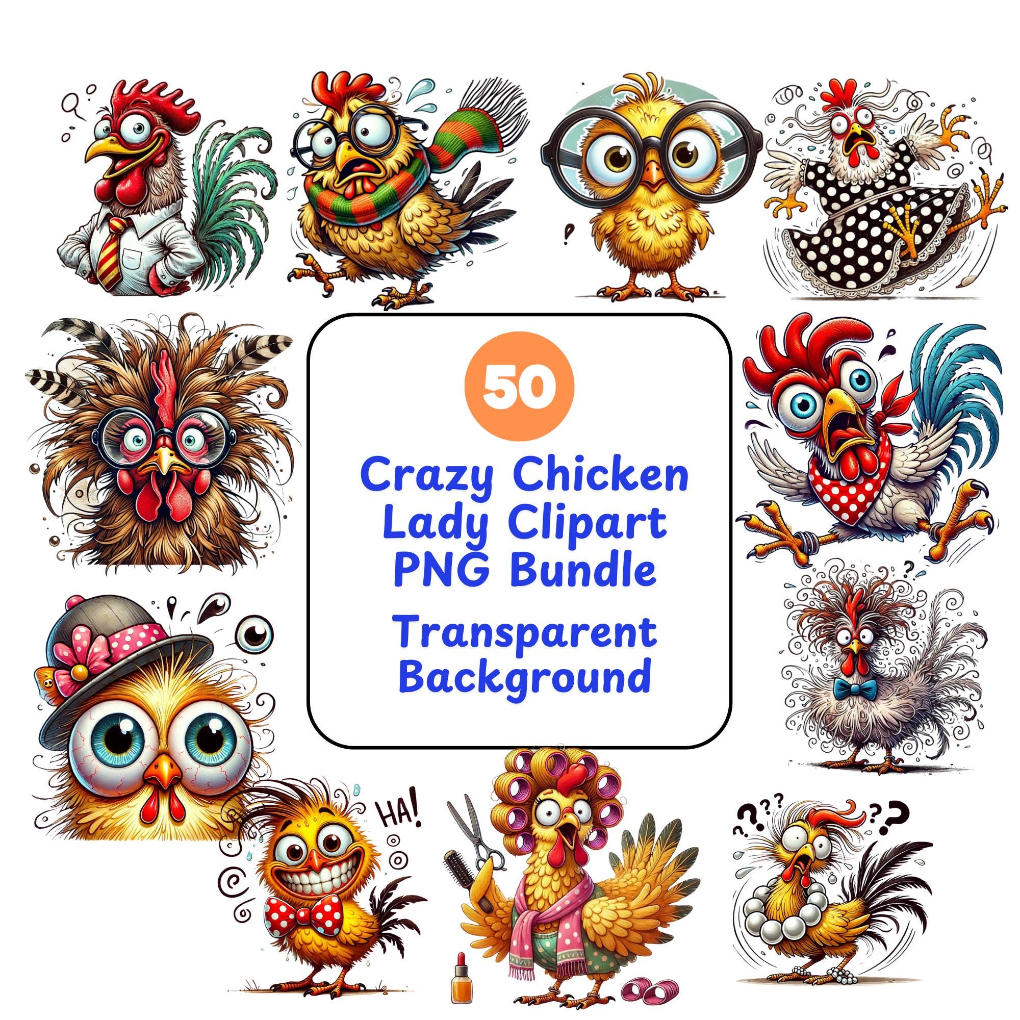 50 Crazy Chicken Lady Clipart, Funny Rooster Pngs, Farm Animal Digital ...