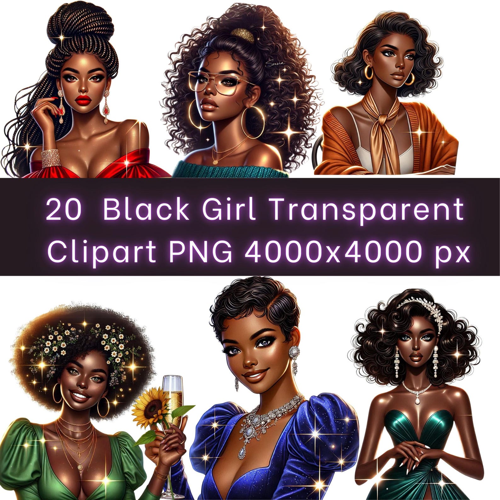Black Girl Clipart Bundle, Afro Girl Graphics, Fashionable Girl Clipart ...