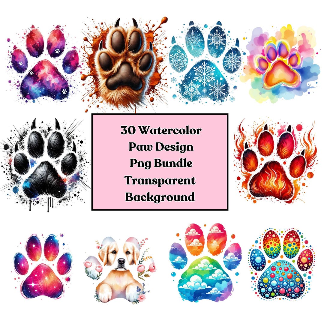 30 Watercolor Dog Paws Clipart Bundle, Pet Footprint Illustration PNG ...