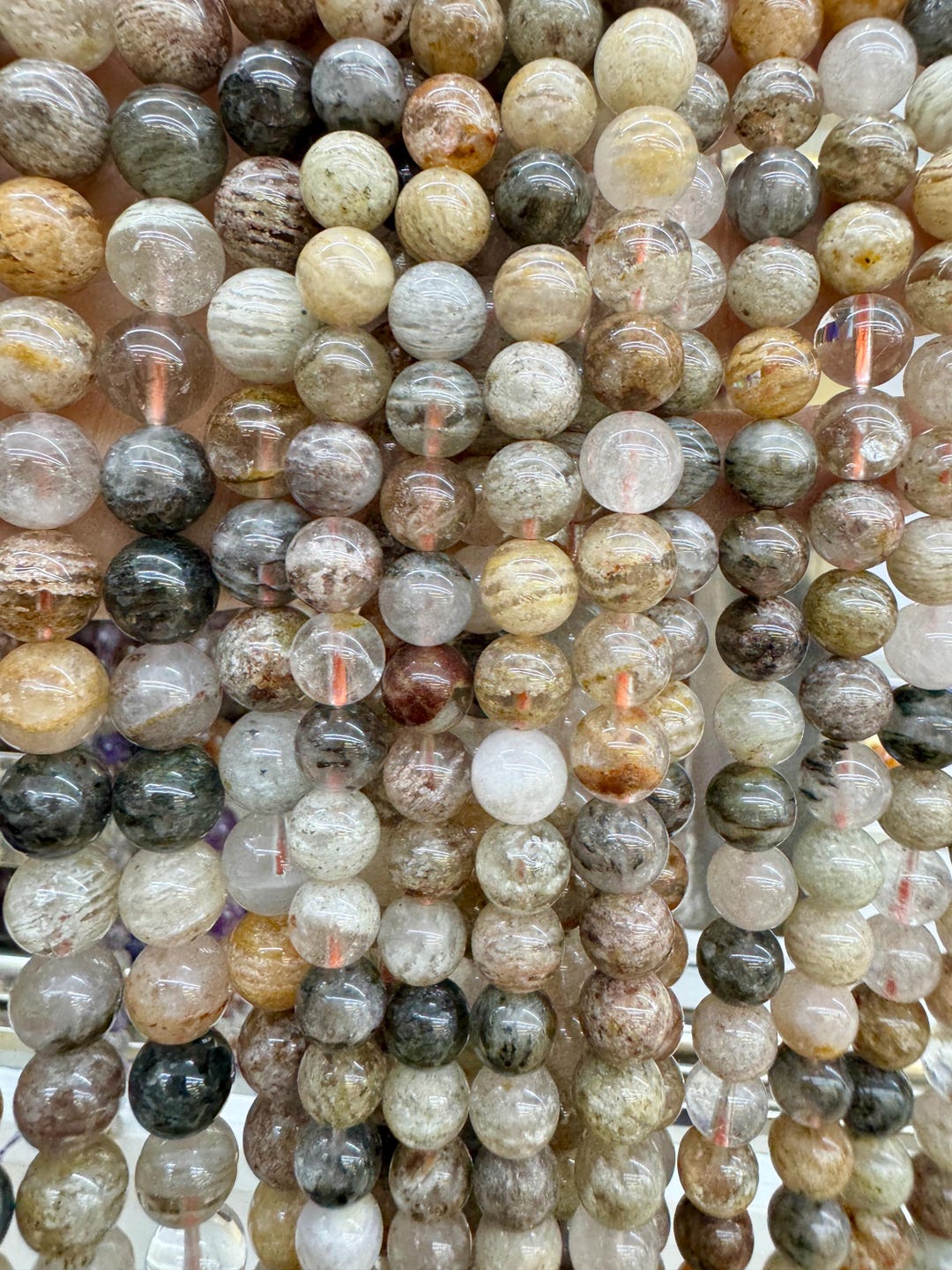 Natural Phantom Quartz Crystal Beads: Round Amphibole Gemstone Strand ...
