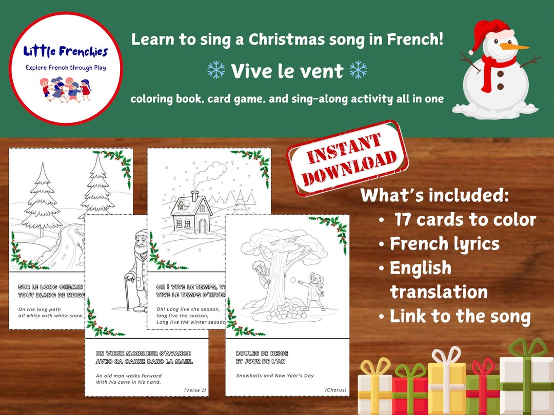Bilingual French Christmas Song Cards Play, Color & Sing Along vive Le ...