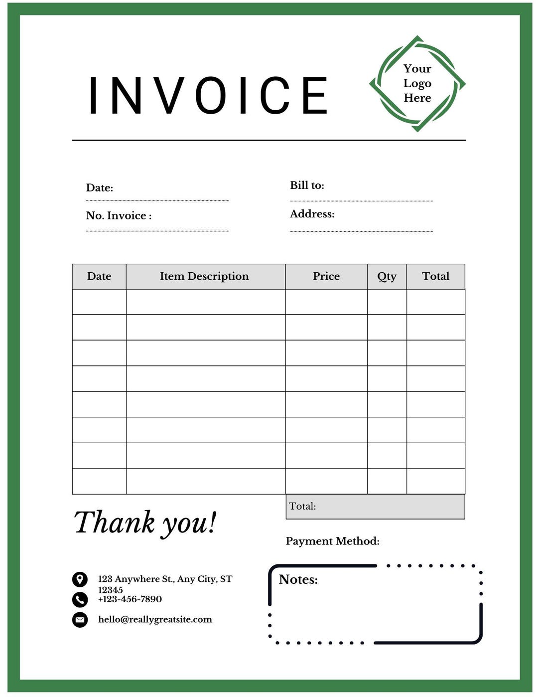 Printable Editable Invoice Billing Template, Instant Digital Download ...