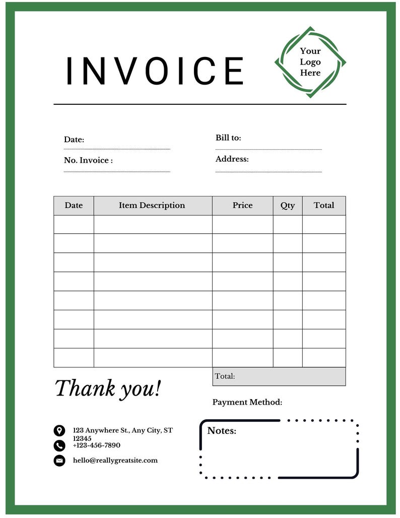 Easy Printable Editable Invoice Billing Template, Instant Digital ...