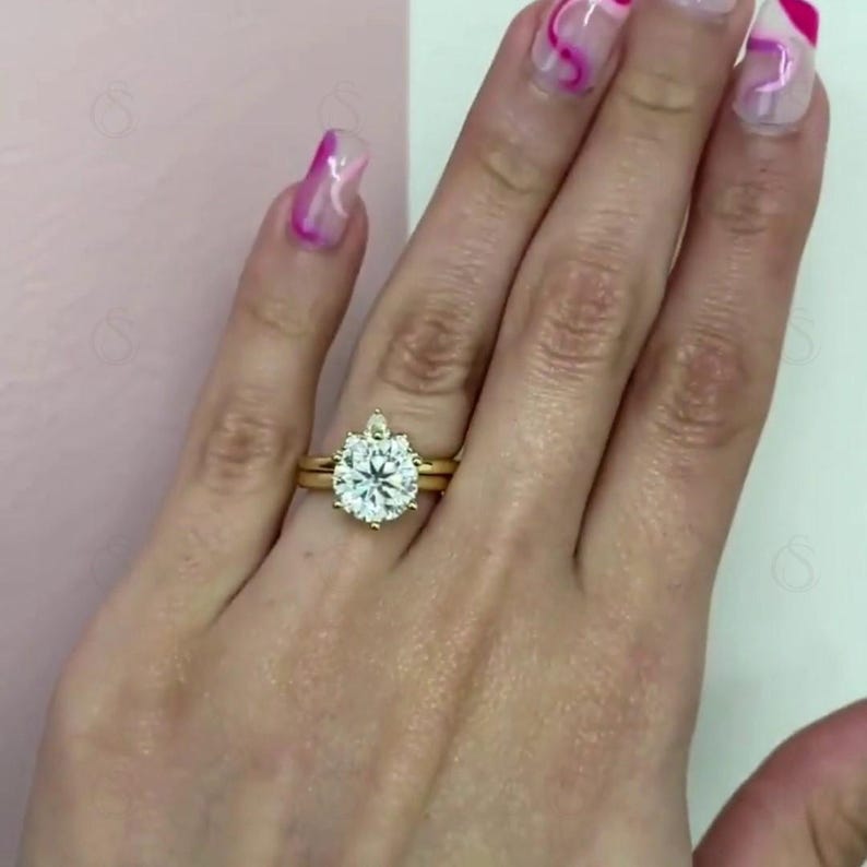 3.50 Carat Round Cut Moissanite Engagement Ring: 14K Yellow Gold Tiara ...