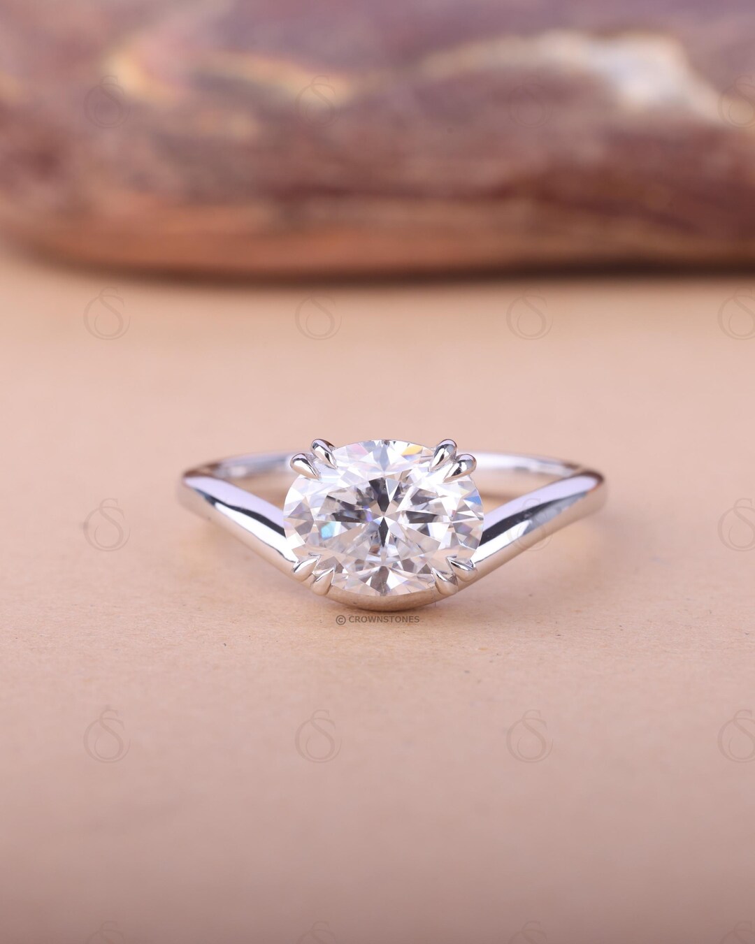 East West Style Oval Cut Moissanite Engagement Ring, Curved Freeform ...