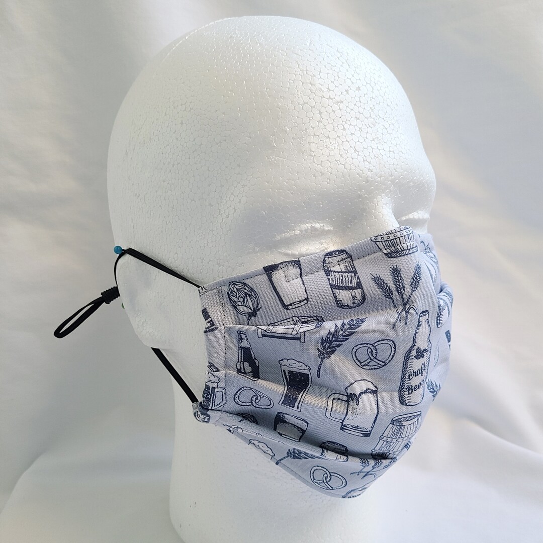 Black Grey Pleated Face Mask. Beer and Pretzel Facemask, Washable Face ...