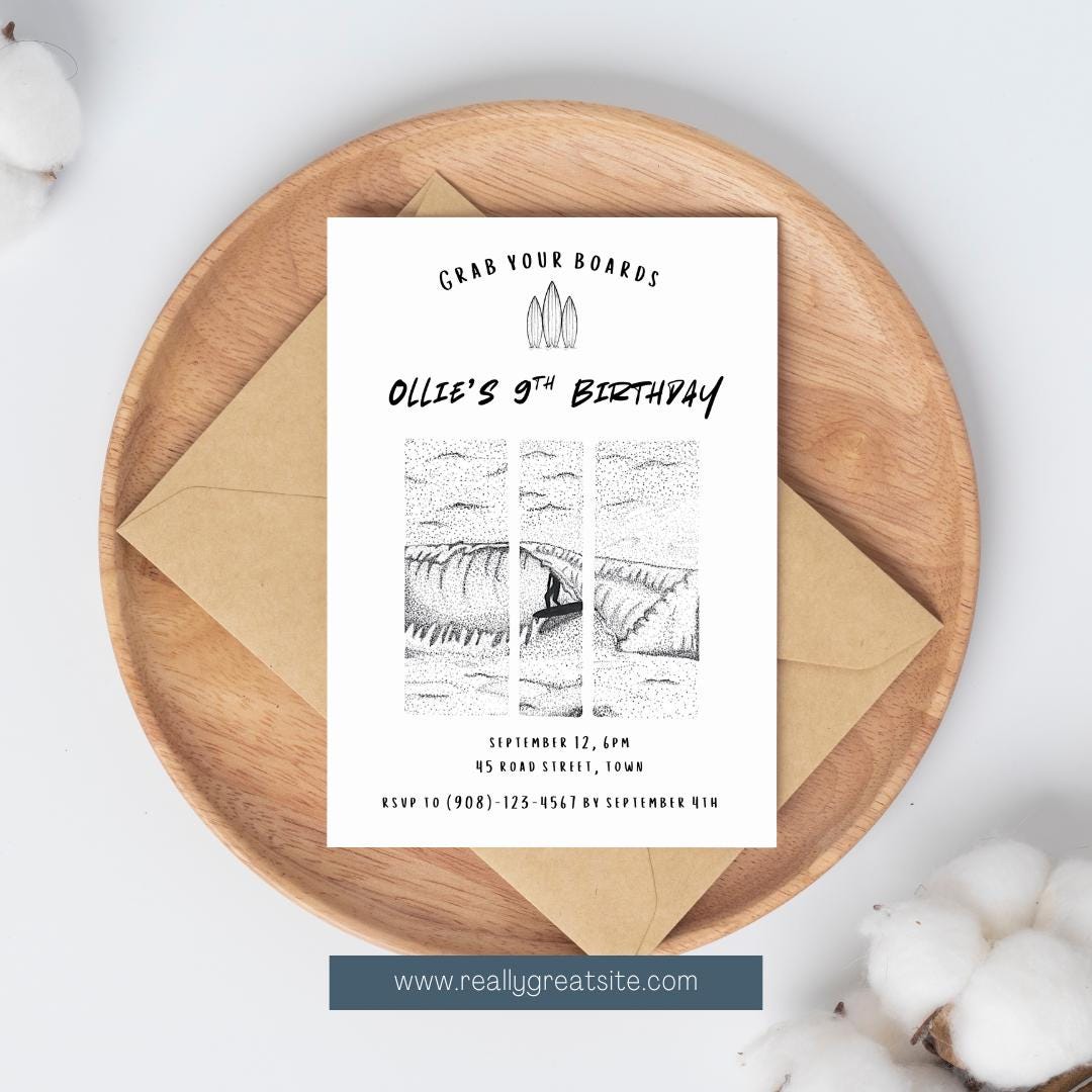Surfboard Birthday Invitation: Black and White Surf Party (canva ...