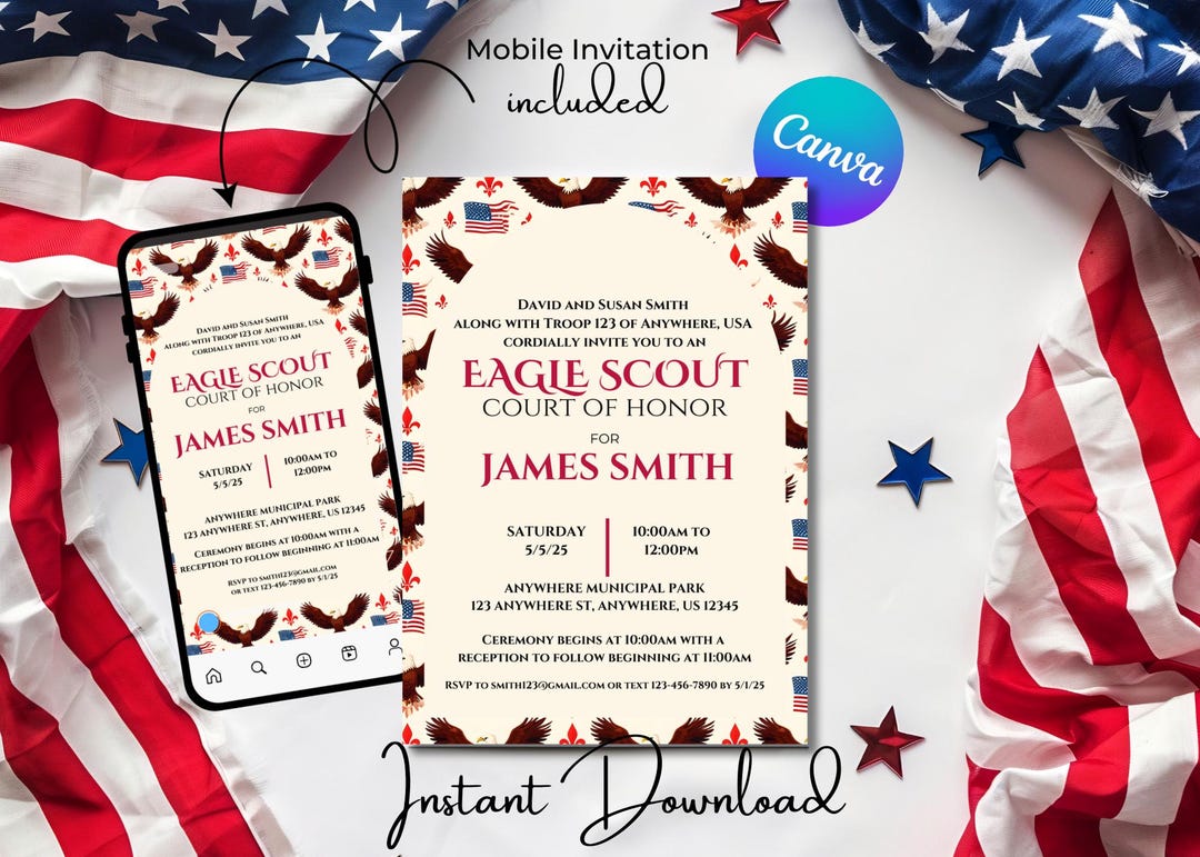 Eagle Scout Court of Honor Invitation, Printable Download, Digital Invite Template, Bald Eagle ...