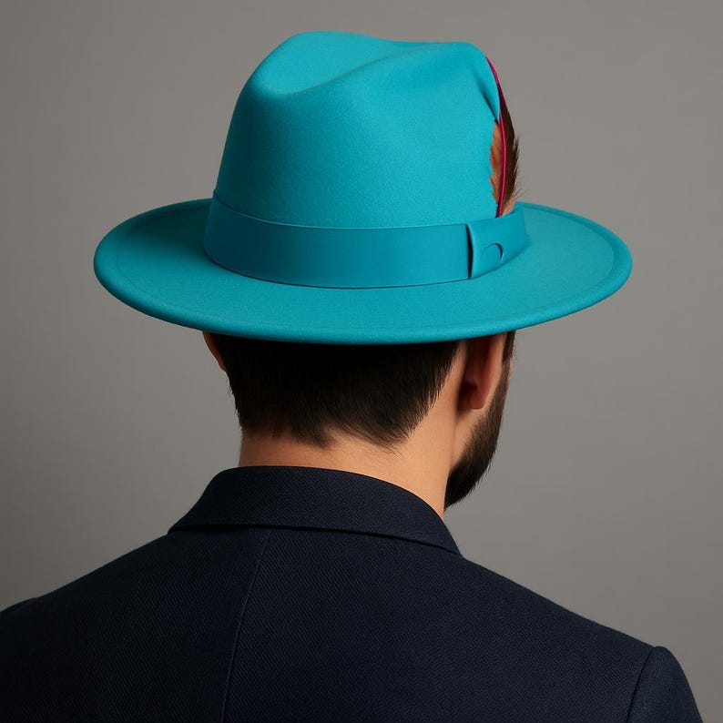 Luxury Blue Fedora Hat With Feather – Unisex, Personalize With Initials ...