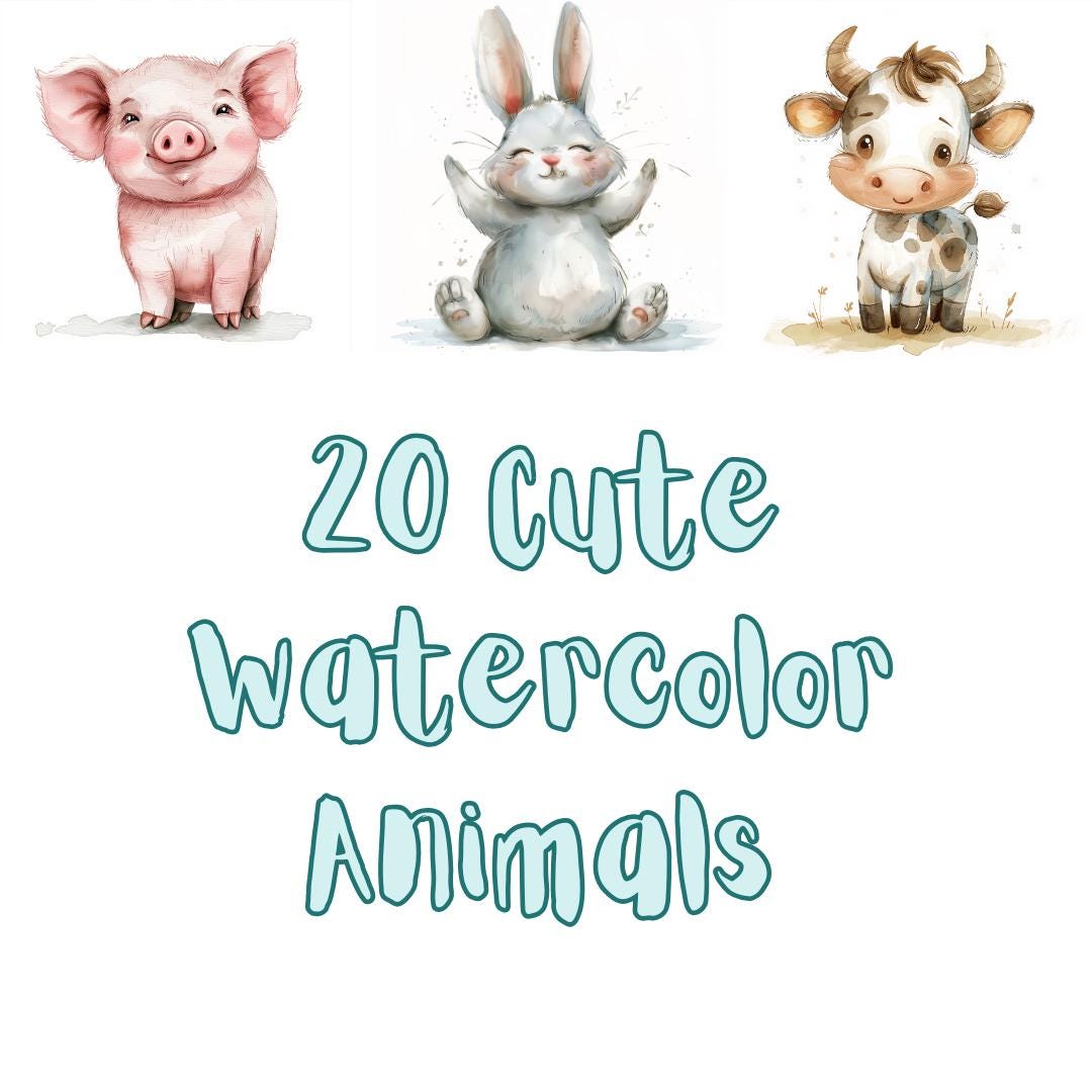 Cute Watercolor Animal Clipart, 20 Cute Animal PNG, Commercial Use ...