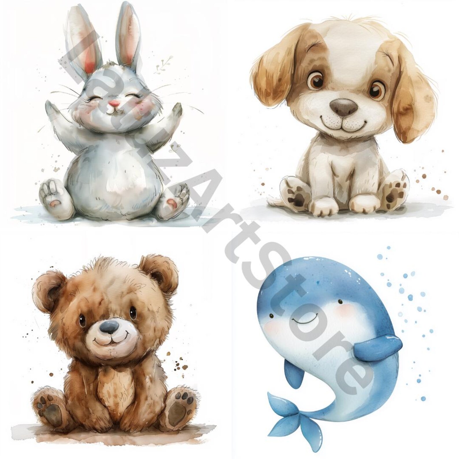 Cute Watercolor Animal Clipart, 20 Cute Animal PNG, Commercial Use ...