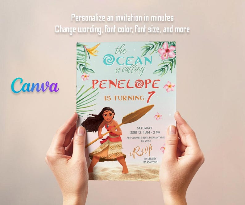 Moana Printable Invitation, Editable Invitation, Hawaii Birthday ...