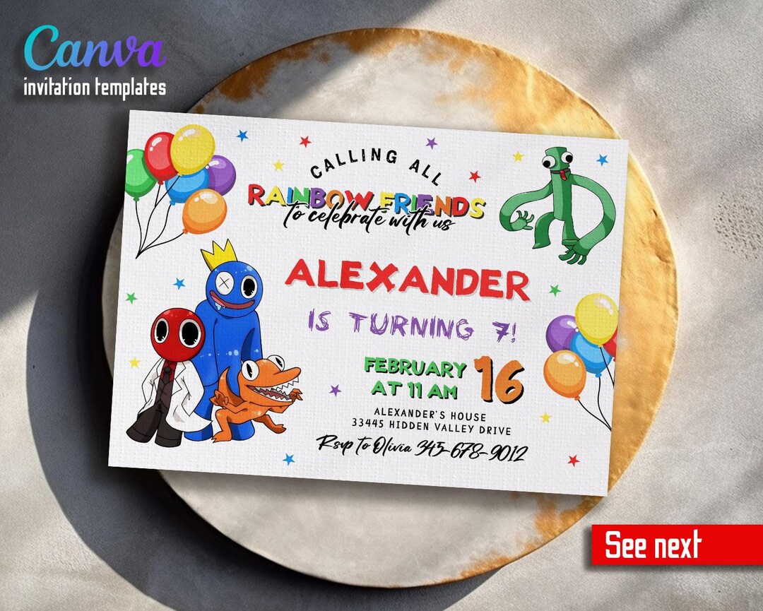 Rainbow Friends Birthday Party Invitation Template, Rainbow Gang ...