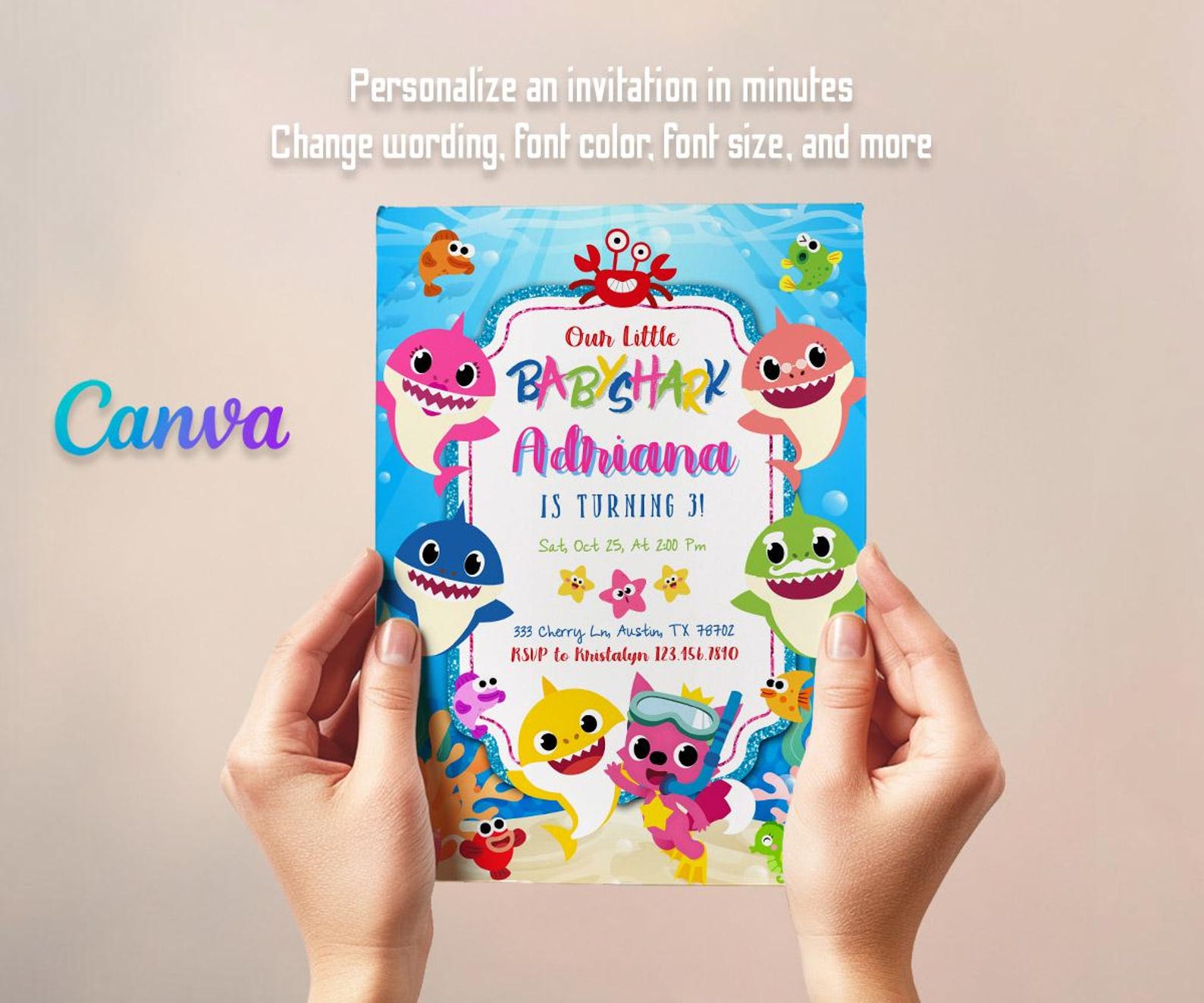 Editable Printable Baby Shark Birthday Invitation, Boy Girl Birthday ...