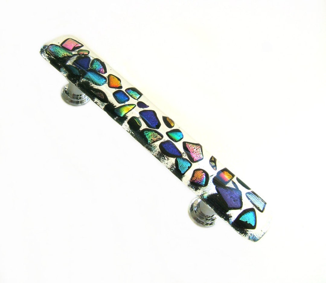 Dresser Drawer Pull in Dichroic Glass Pull in Multi Colored Art Glass. Unique Fused Glass Knobs ...