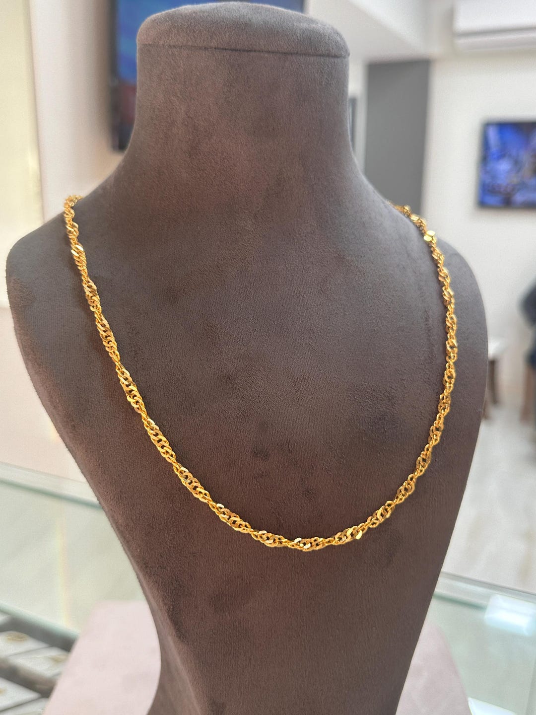 22K Real Solid Gold Singapore Chain Necklace, Twist Gold Necklace Chain ...