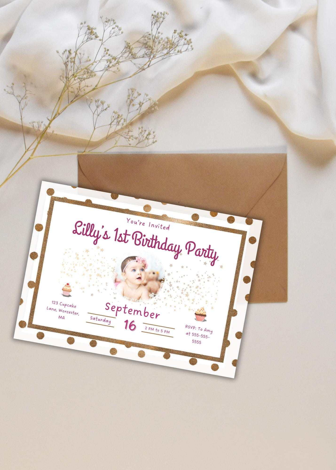 Girls Birthday Invitation | 1st Birthday Party | Gold & Pink| Editable ...