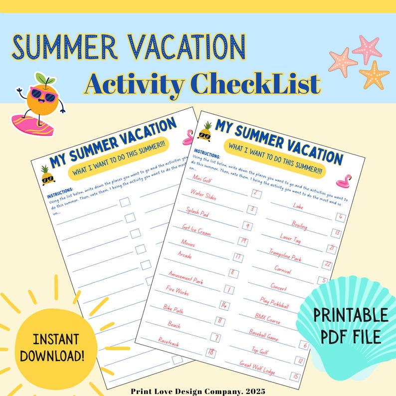Summer Vacation Activity Printable Checklist, Colorful Elementary ...