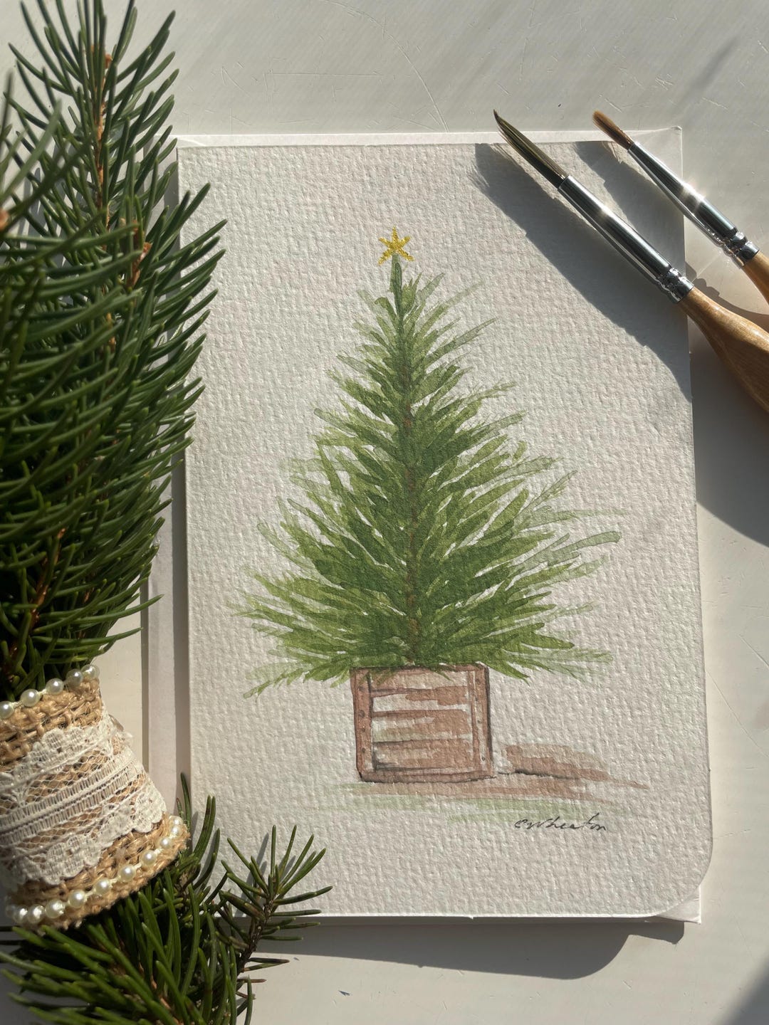 Christmas Card Hand Painted Christmas Tree in Crate Watercolor - Etsy