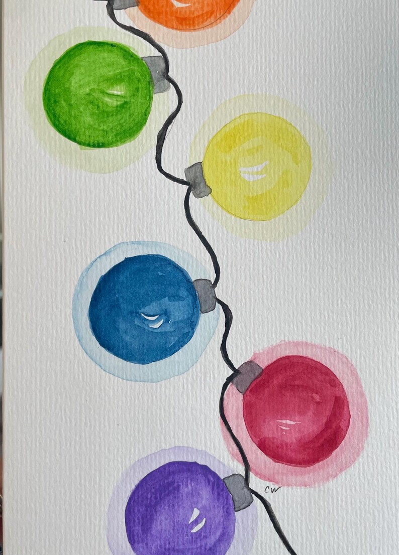 Christmas Card | Hand Painted String of Christmas Lights | Watercolor ...