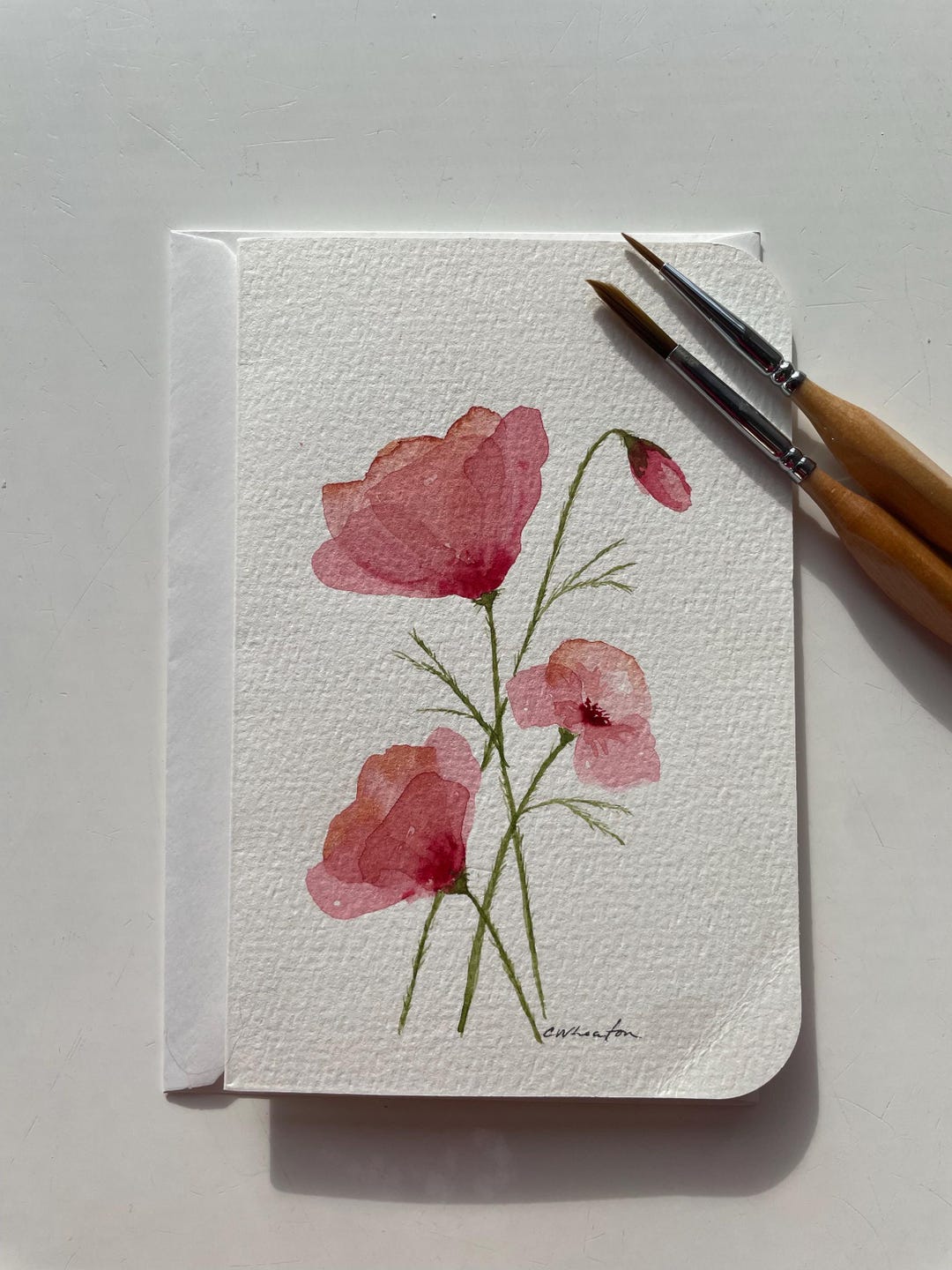 Just Because Blank Card | Hand Painted Pink Poppy Flowers | Original ...