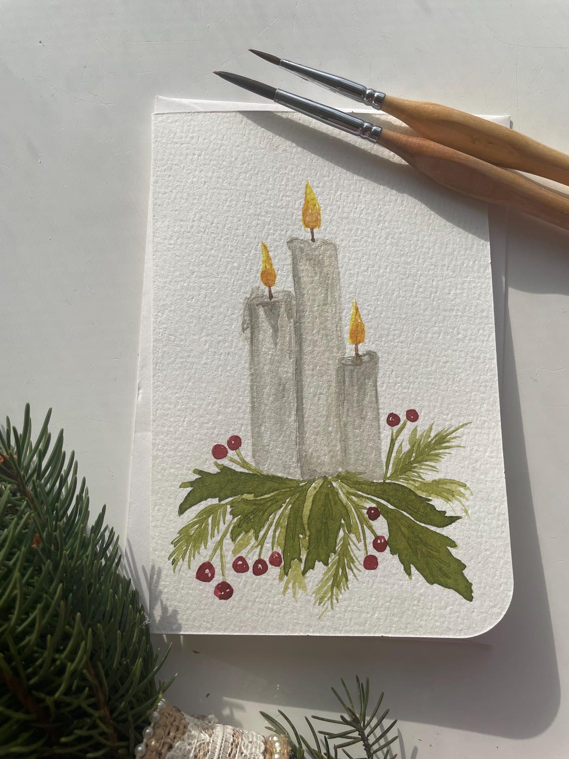 Christmas Card | Hand Painted Candles & Holly Leaves With Berries ...