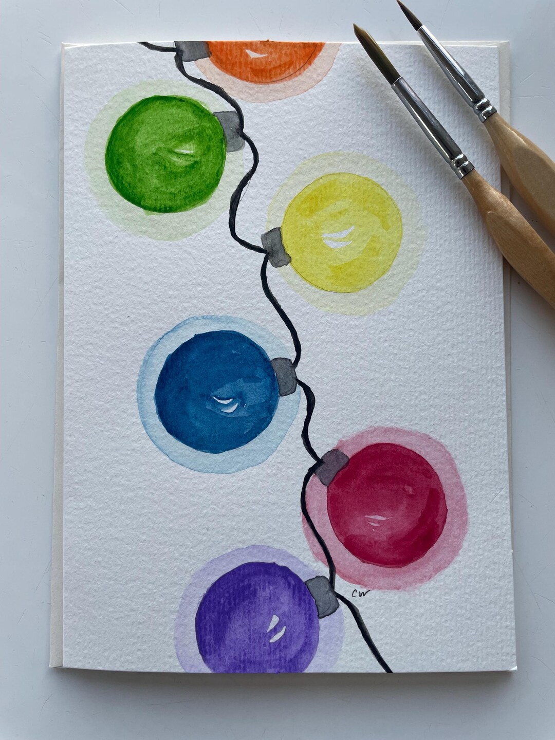 Christmas Card | Hand Painted String of Christmas Lights | Watercolor ...