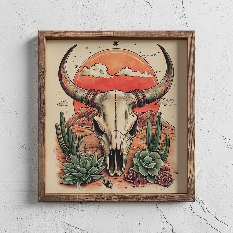 Vintage Western Longhorn Bull Skull Fine Art Print & Wild West Art ...
