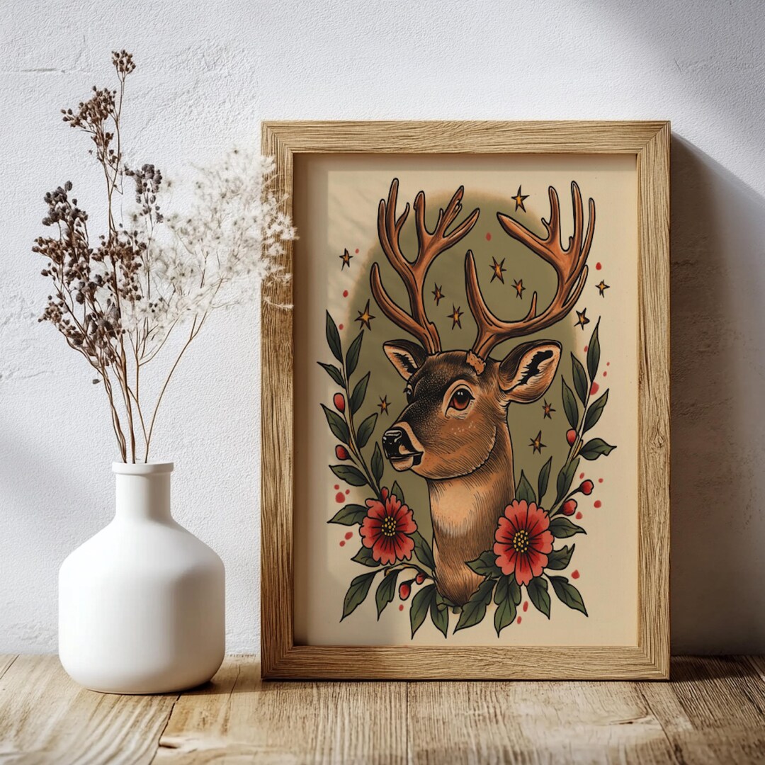Vintage Woodland Retro Wall Art - Deer Print - Rustic Wildlife Decor ...