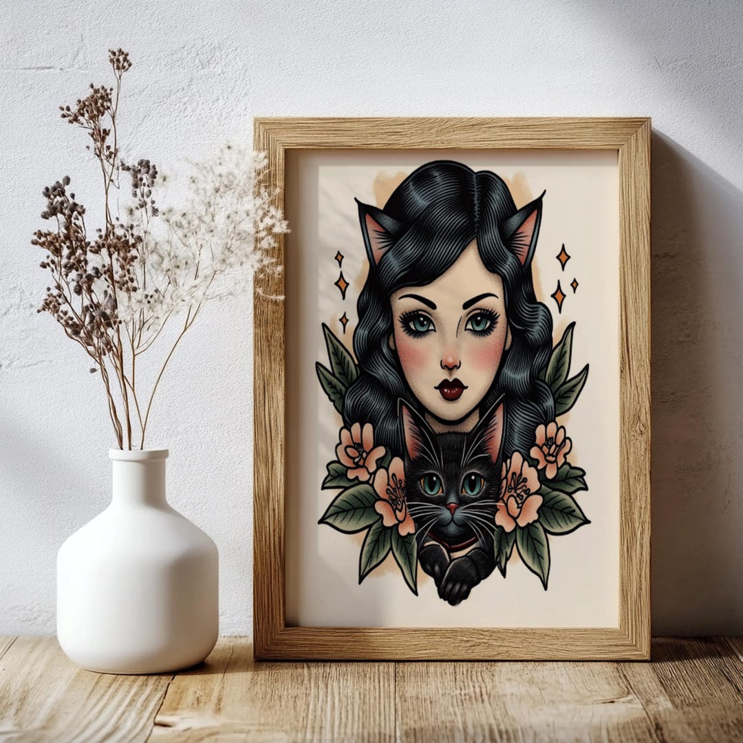 Cat Lady Vintage Tattoo Flash Portrait, Vintage Retro Feline Wall Art ...