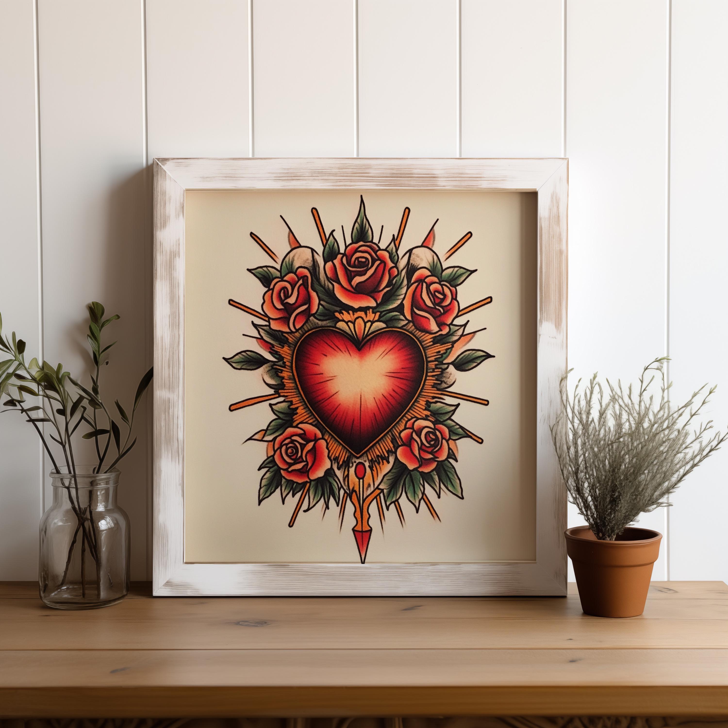 Sacred Heart Retro Traditional Tattoo Flash Art Print- Ink Design Wall ...