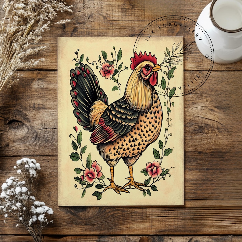 Vintage Woodland Chicken Art Print – Rustic Wildlife Wall Decor ...