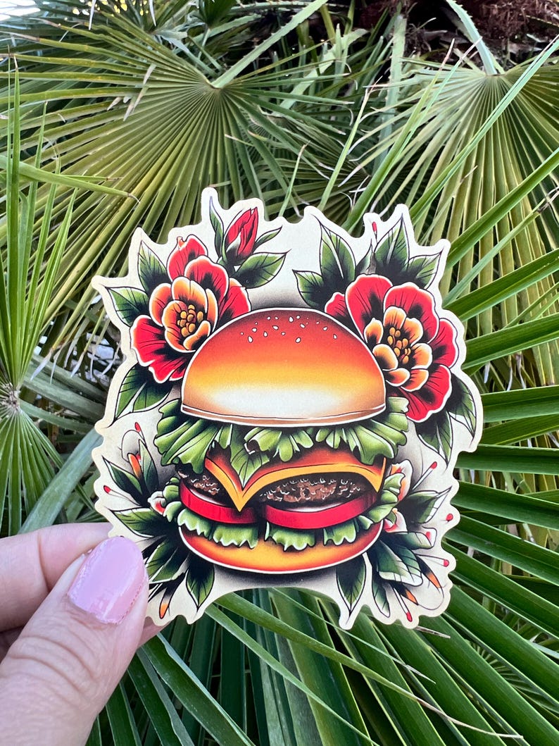 Burger Vintage Tattoo Flash Art Vinyl Sticker – Retro Food Wall Decor ...