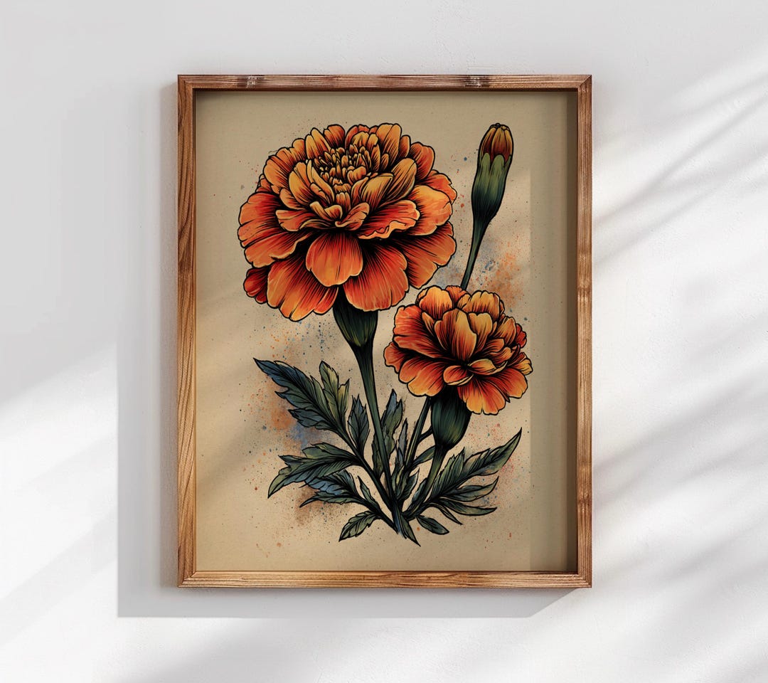 Marigold Flower Art Print – Bold Botanical Wall Art, Vintage Floral ...