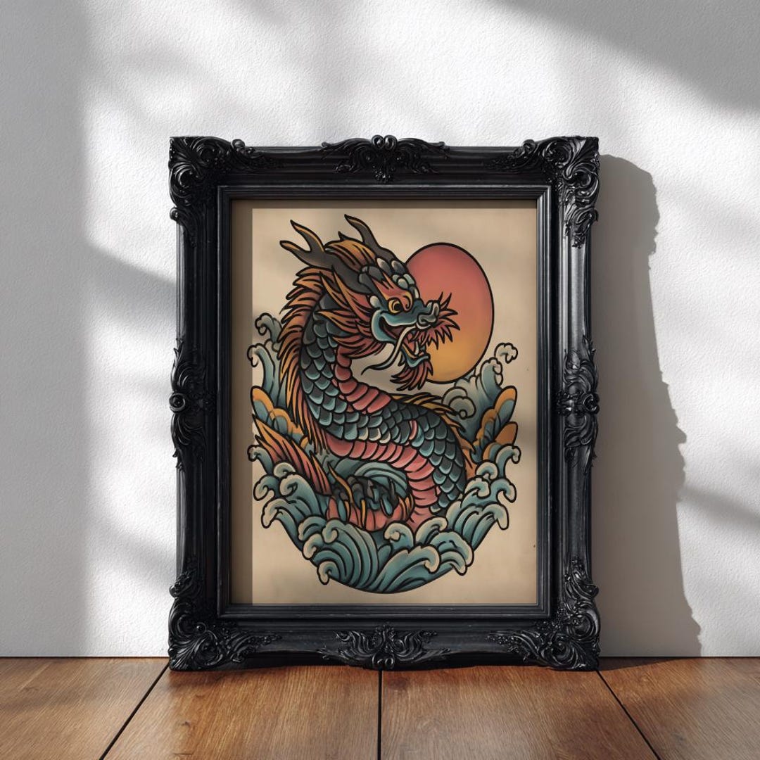 Japanese Dragon Wall Art, Vintage Tattoo Style Dragon Illustration ...