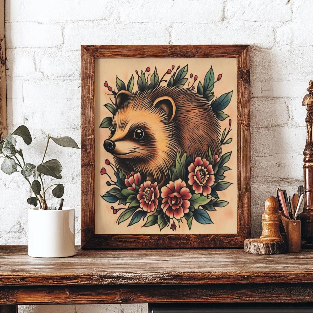 Vintage Woodland Retro Wall Art - Hedgehog Print - Rustic Wildlife ...