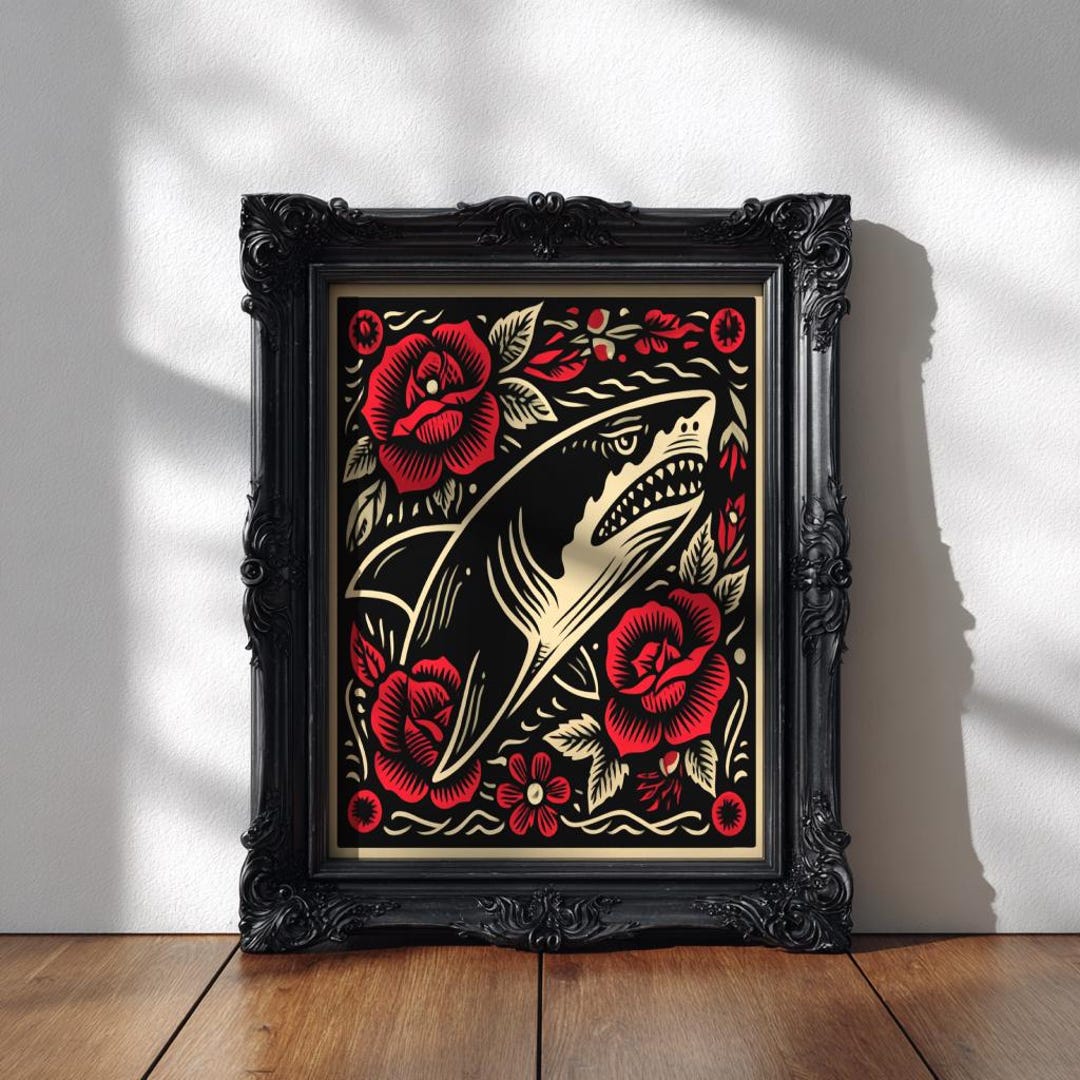 Shark and Roses Sea Vintage Tattoo Flash, Vintage Ocean Marine Wall Art ...
