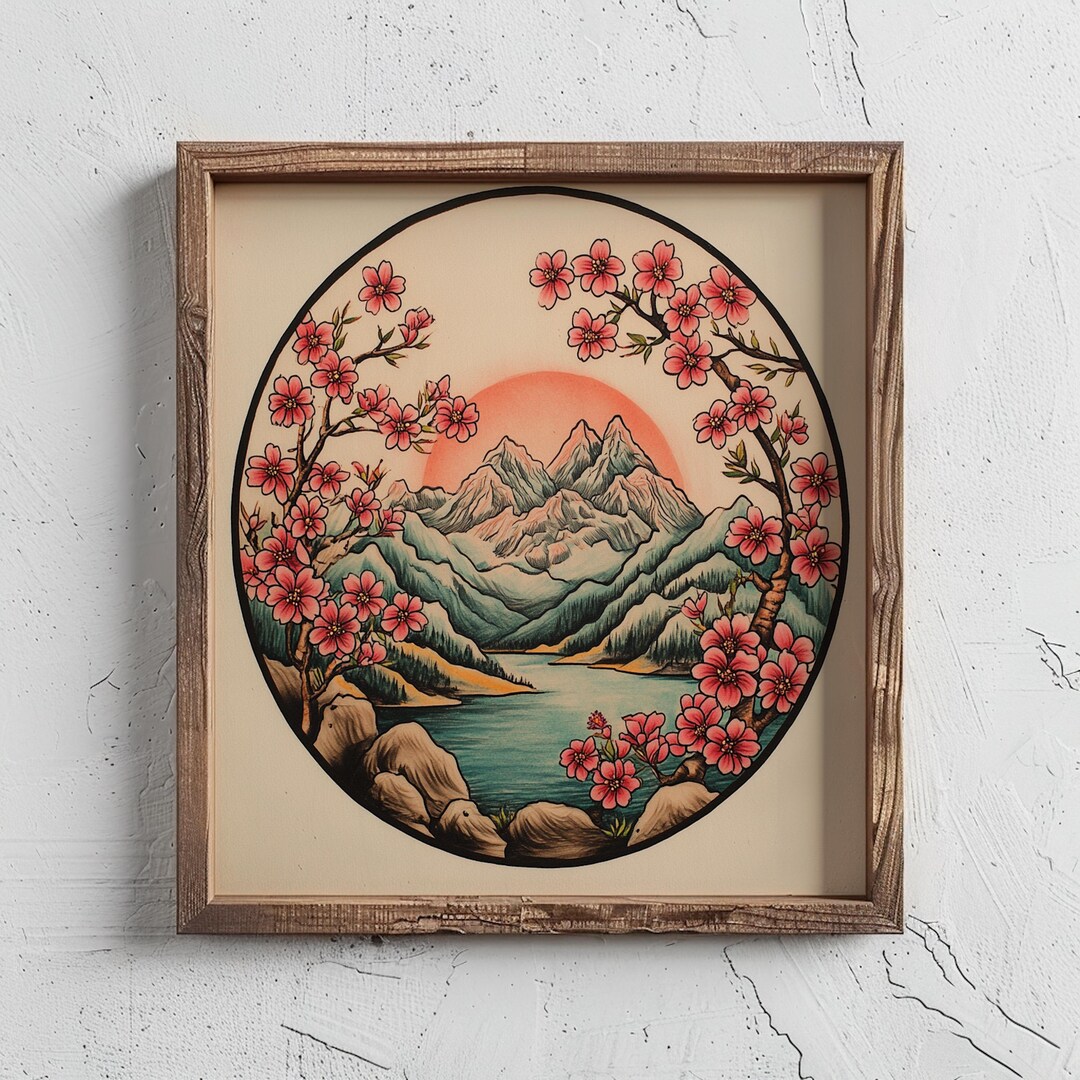 Cherry Blossom Retro Traditional Tattoo Flash Art Print- Floral Scenery ...