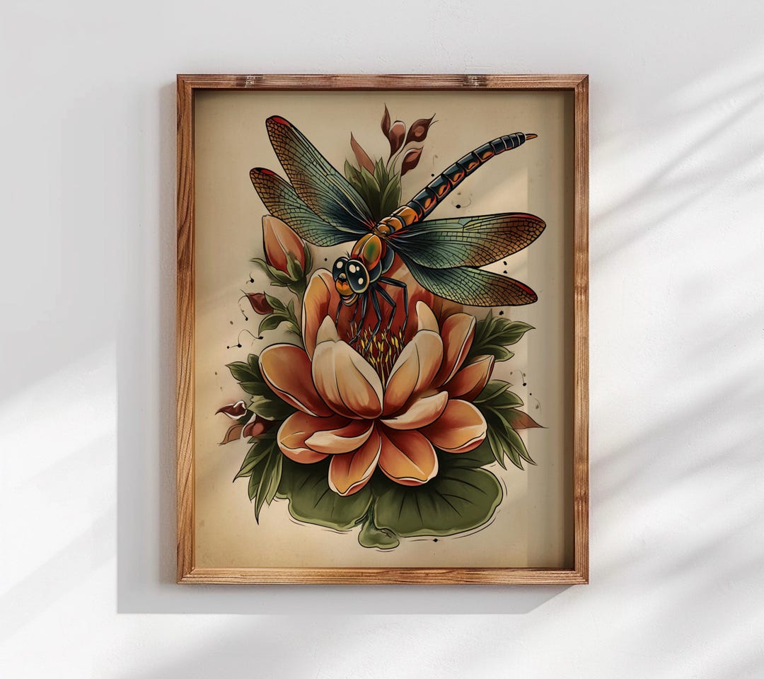 Dragonfly Vintage Tattoo Flash Portrait, Vintage Retro Insect Wall Art ...