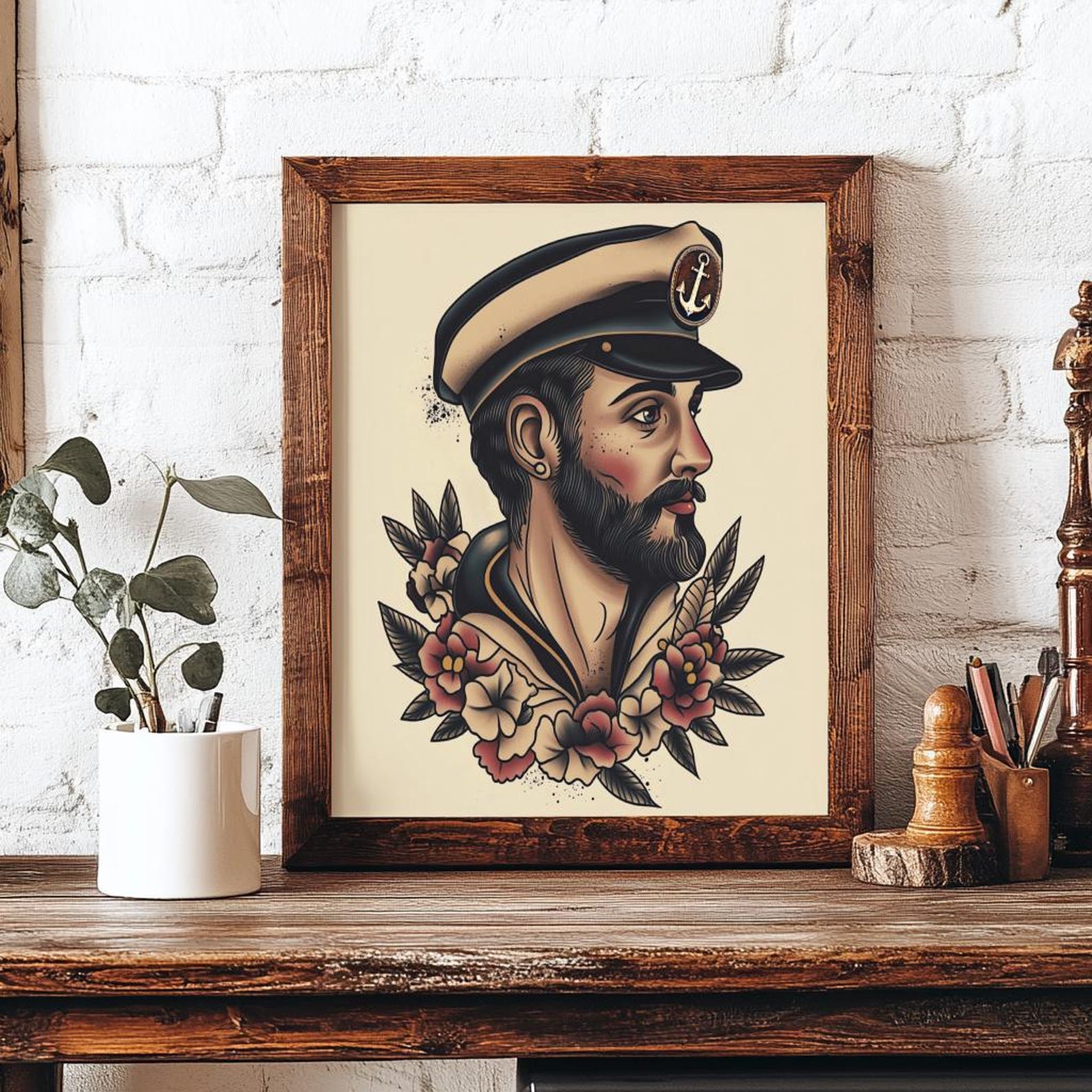 Old-school Sailor Jerry Nautical Captain Portrait – Vintage Tattoo ...