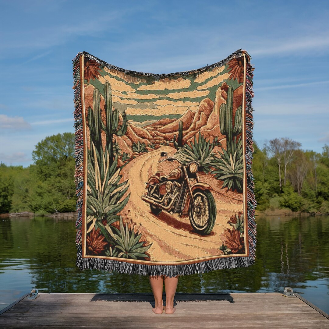 Vintage Southwest Desert Motorcycle Woven Throw Blanket & Traditional ...