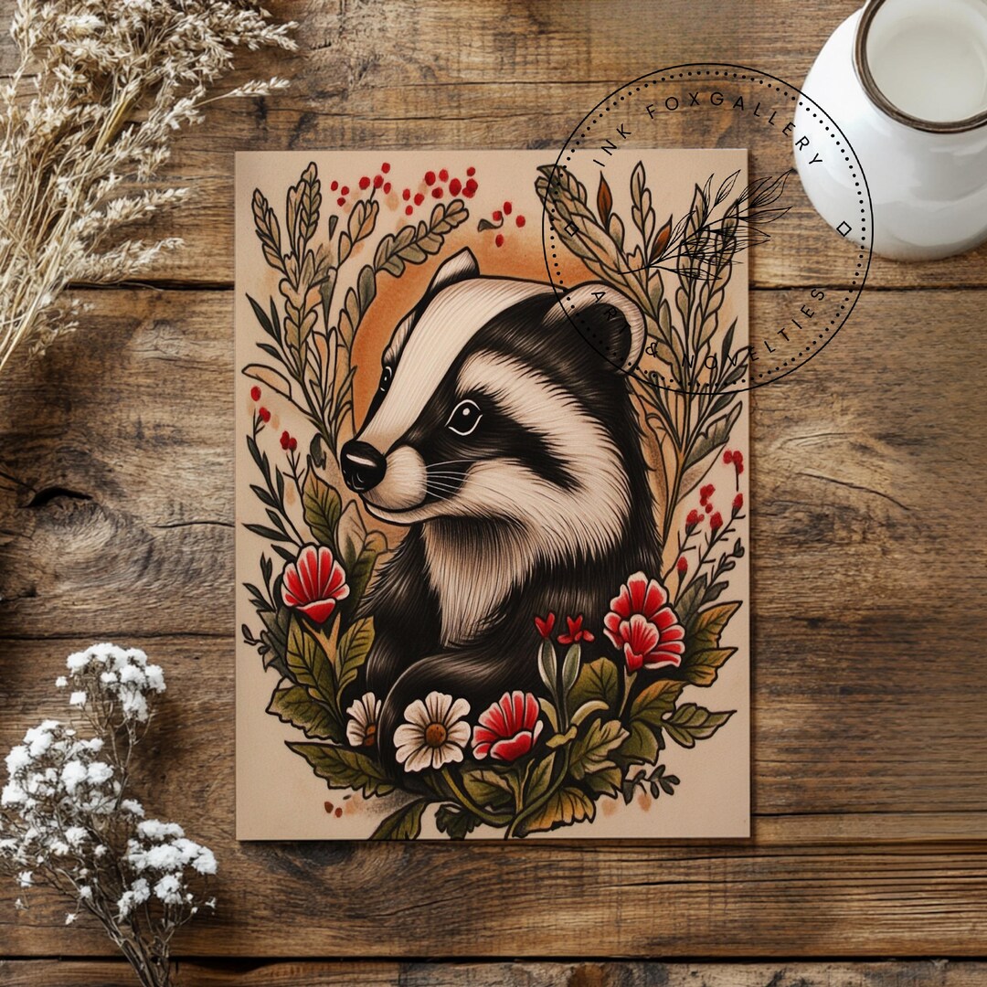 Rustic Woodland Badger Art Print – Vintage Wildlife Wall Decor ...