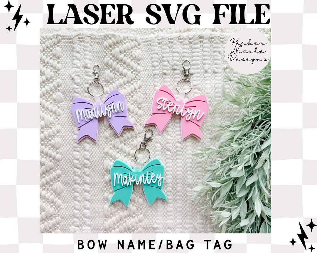 Bow Bag Tag SVG, Bow Gift Tag, Name Bow Tag, Retro Bow Basket Tag Laser ...