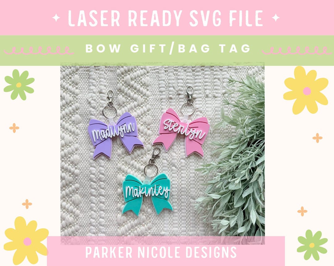 Bow Bag Tag SVG, Bow Gift Tag, Name Bow Tag, Retro Bow Basket Tag Laser ...
