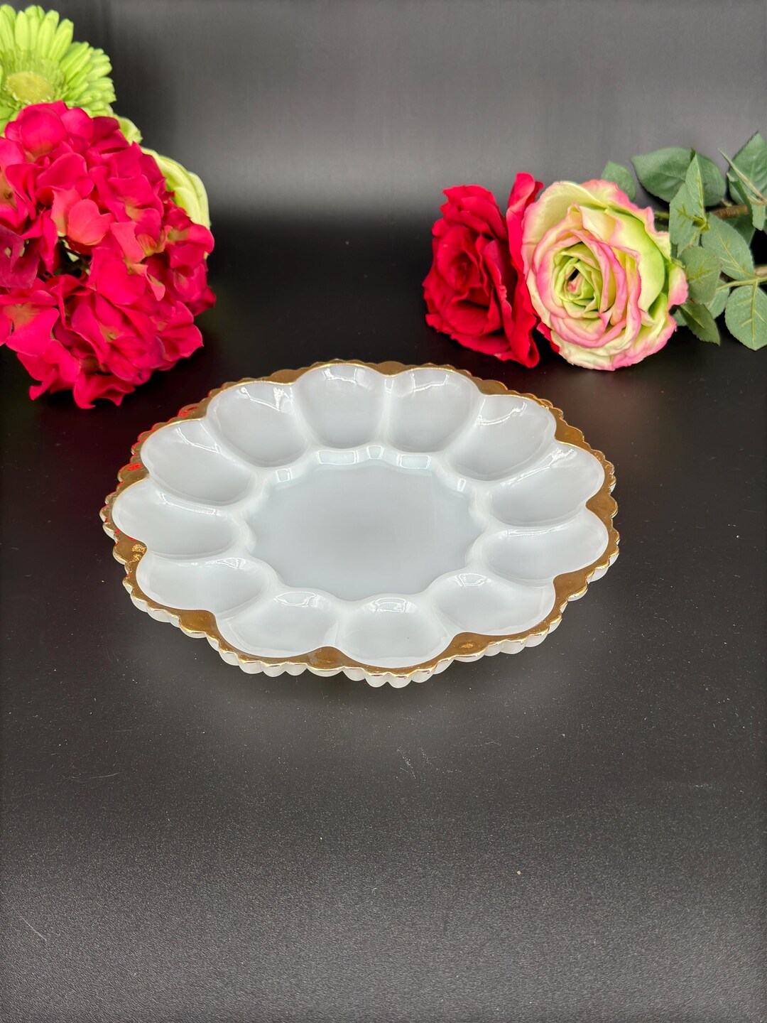 Vintage 1950s Anchor Hocking Milk Glass Deviled Egg Dish With Gold Trim - Etsy