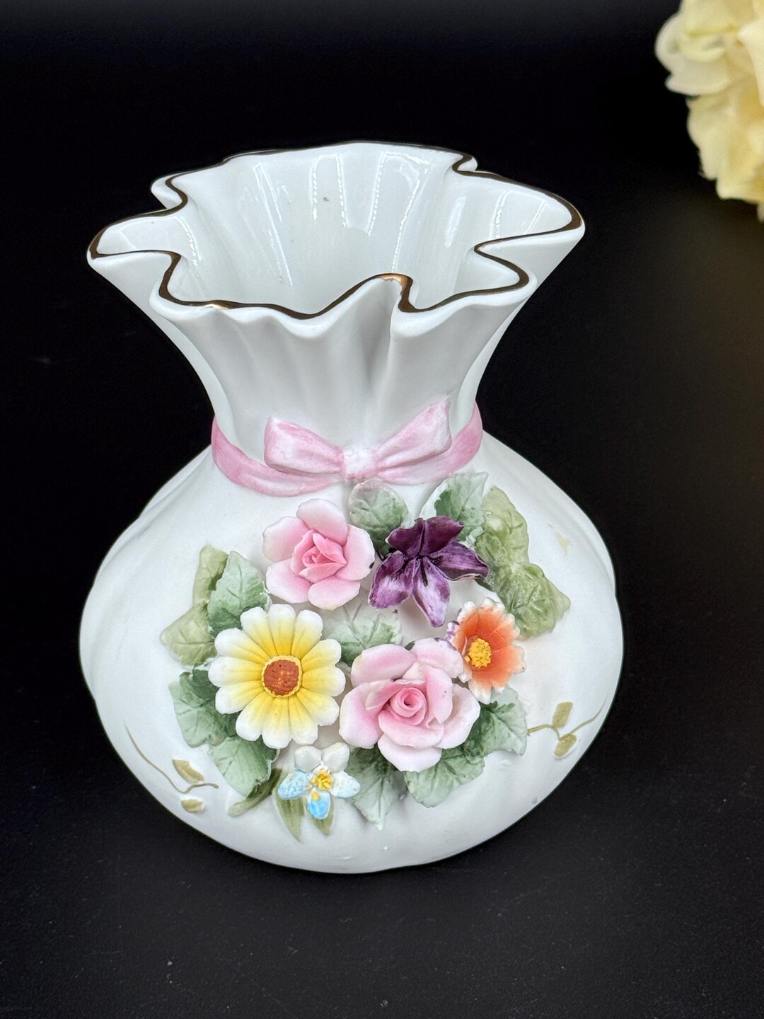 Vintage 1960's Lefton Vase With 3D Floral Appliqué and Ruffled Top - Etsy