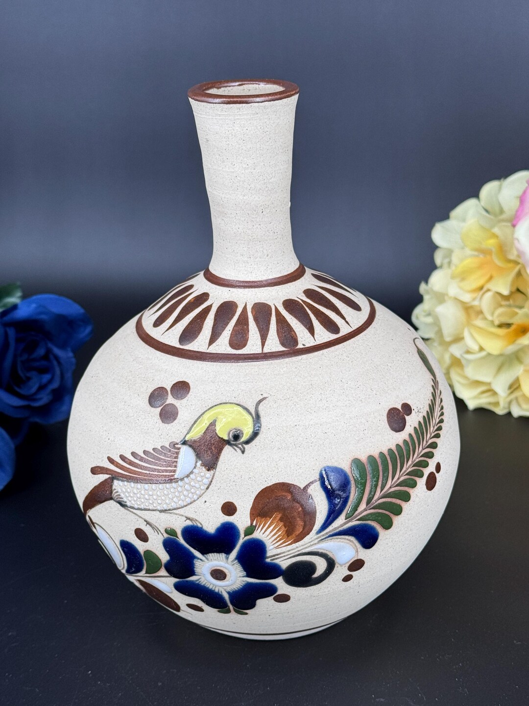 Tonala Sandstone Pottery Vintage Vase - Hand-painted Bird & Floral ...