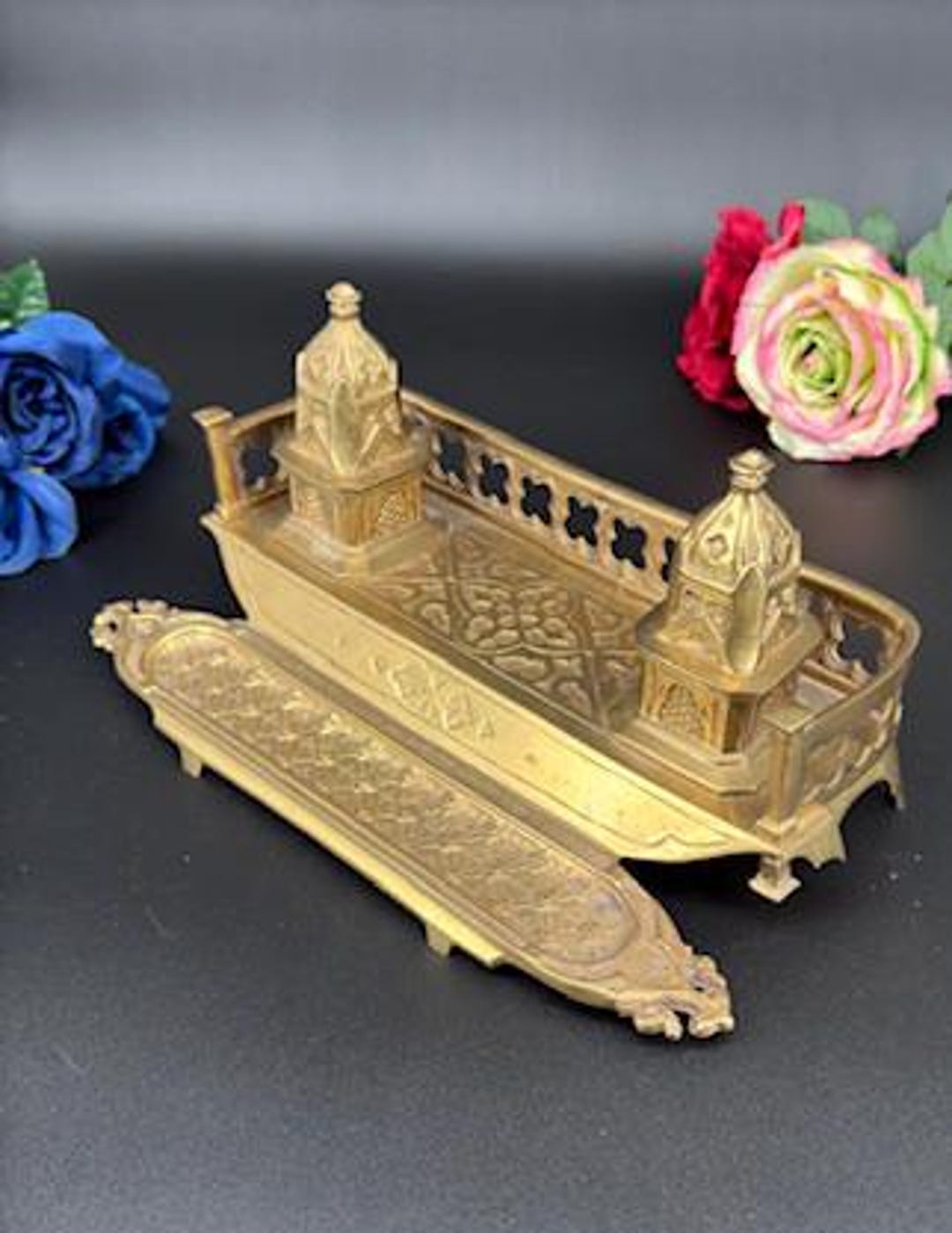 Early 19th Century Brass Double Inkwell With Attached Quill Pen Holder ...