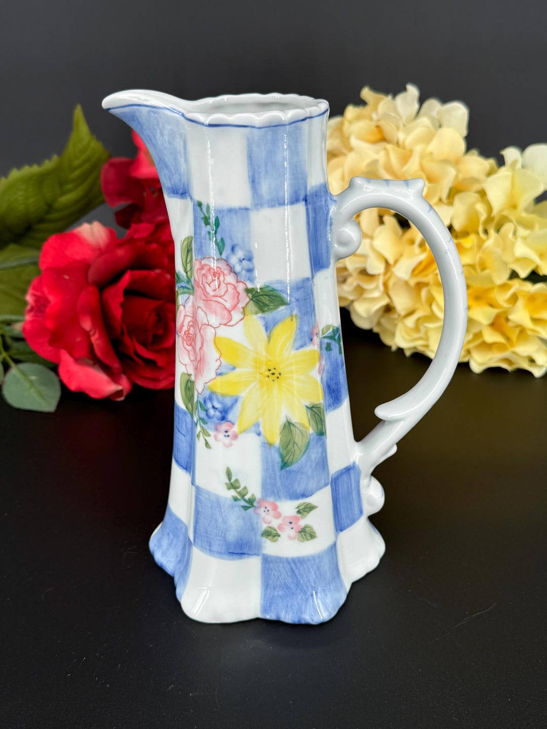 Andrea by Sadek Blue and White Checkered Floral Porcelain Pitcher ...